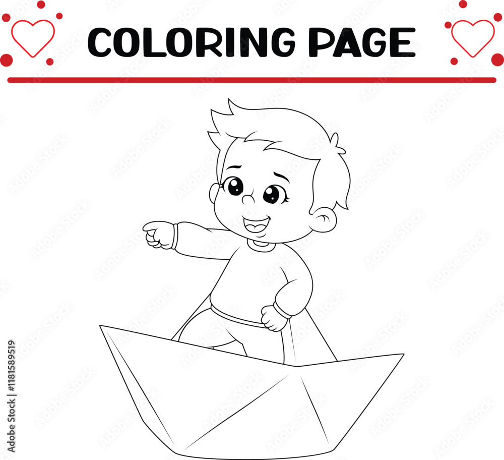 cute boy is standing pointing something paper boat coloring page for ...
