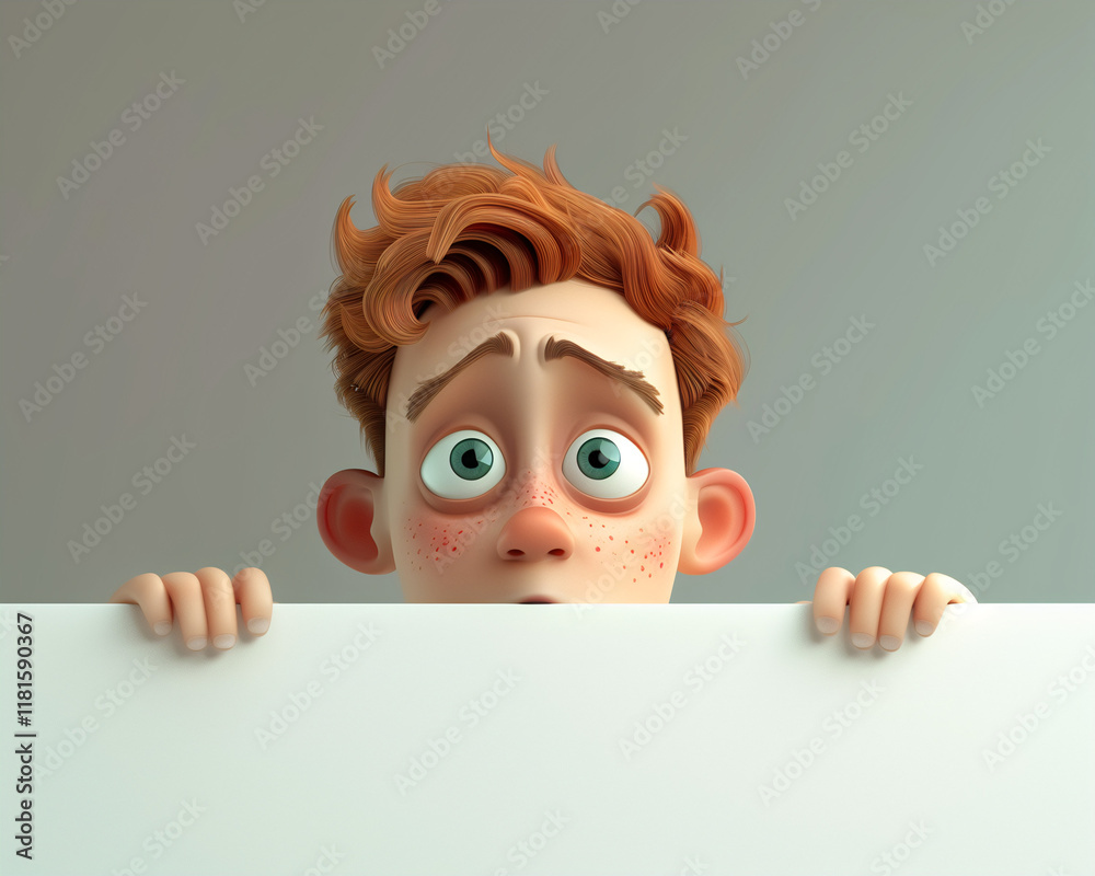 Curious Animated Boy Peeking Over a Blank Signboard Illustration ...
