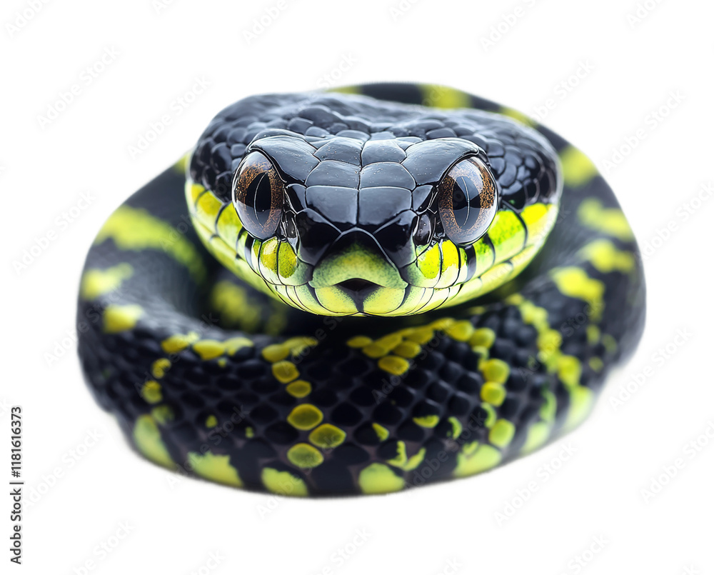 Black and yellow snake closeup with piercing eyes, coiled body, and ...