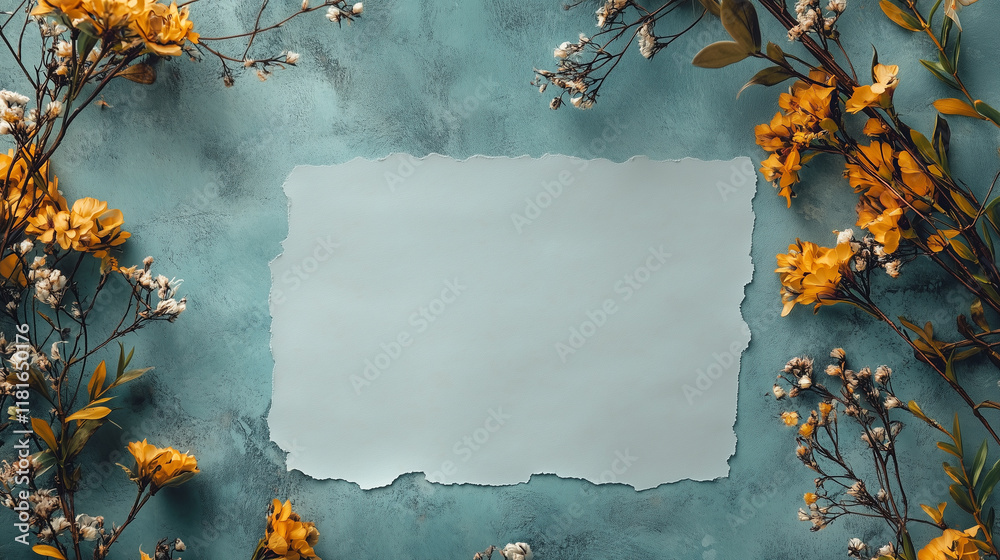 A blank sheet of paper with crisp edges, lying on a muted teal ...