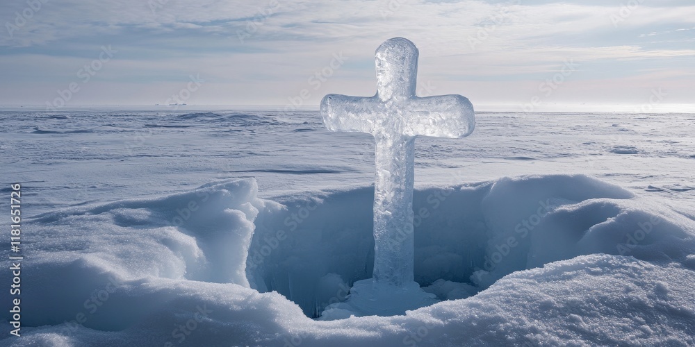 Christian symbol of the cross fashioned from ice, positioned on frozen ...
