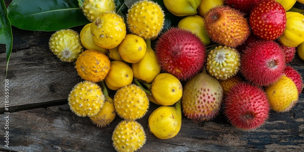 Sandoricum koetjape fruit displayed on a wooden table, highlighting the ...