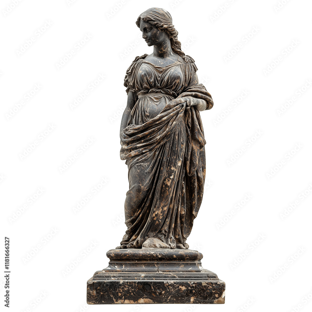 dark marble statue of woman in classical Greek attire, standing ...