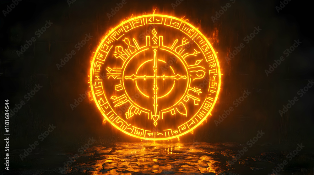Magic Circle Glows with Mystical Runes and Fire Reflects Mysteriously ...
