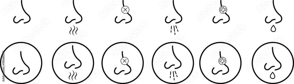 Nose icon set related with nasal. Contains monochrome line vector ...