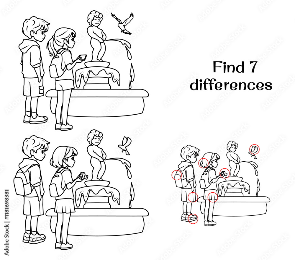 Boy and girl taking pictures of Manneken Pis fountain. Find 7 ...