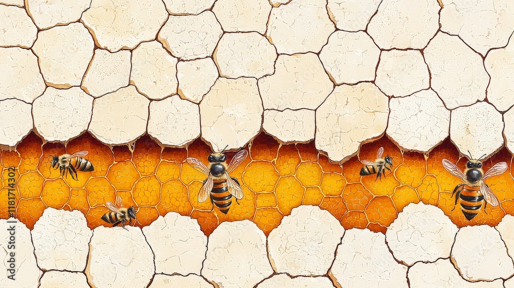 Bees and Honeycomb Structure with Hexagonal Cells and Honey Flowing in ...