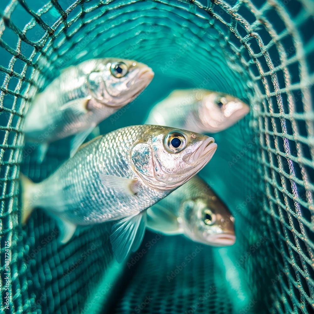 Sustainable management with fisher. School of fish caught in a fishing ...