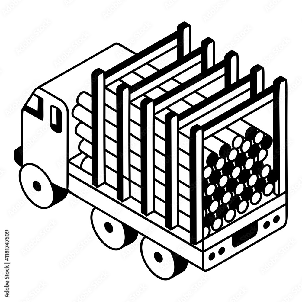 Rear view of loaded logging trailer isometric concept, Heavy truck ...
