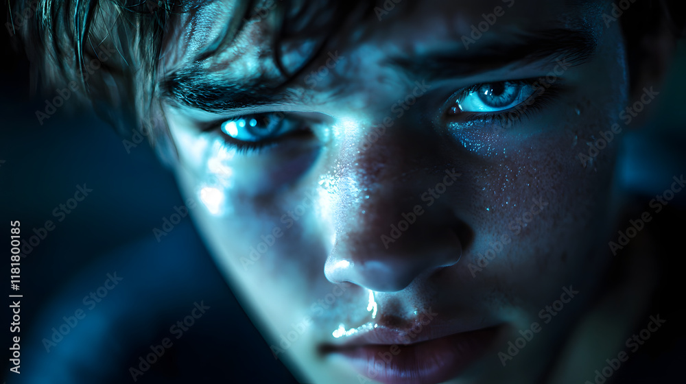 A young man with light skin and blue eyes gazes intensely, a tear ...