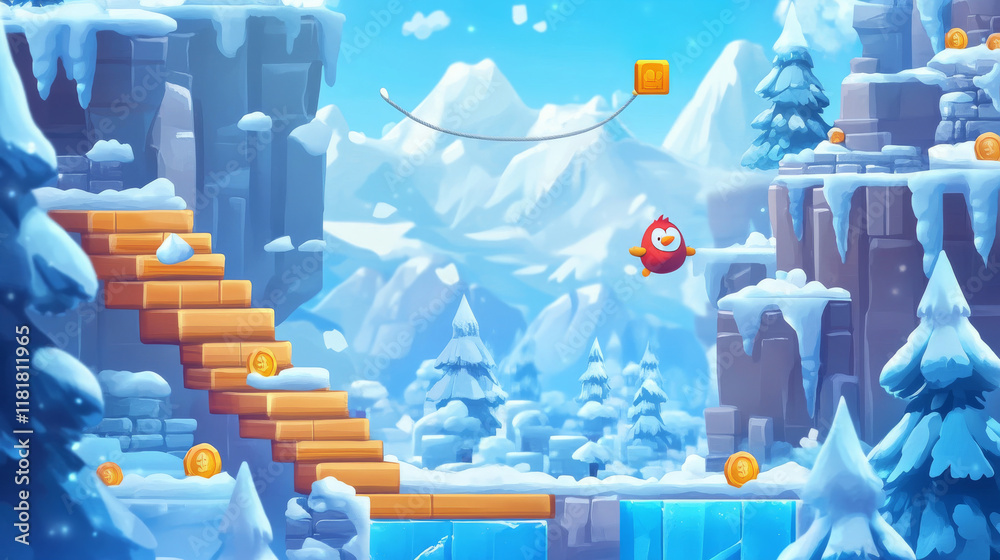 Arcade frozen world game level map interface. Ice platforms and stairs ...