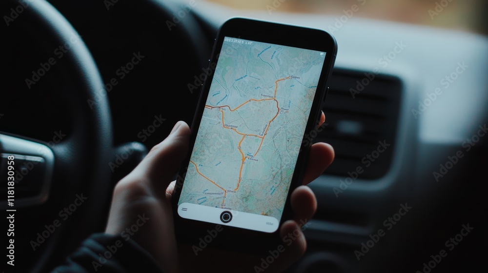 Hand holding smartphone featuring a gps navigation app, displaying a detailed map with a ...