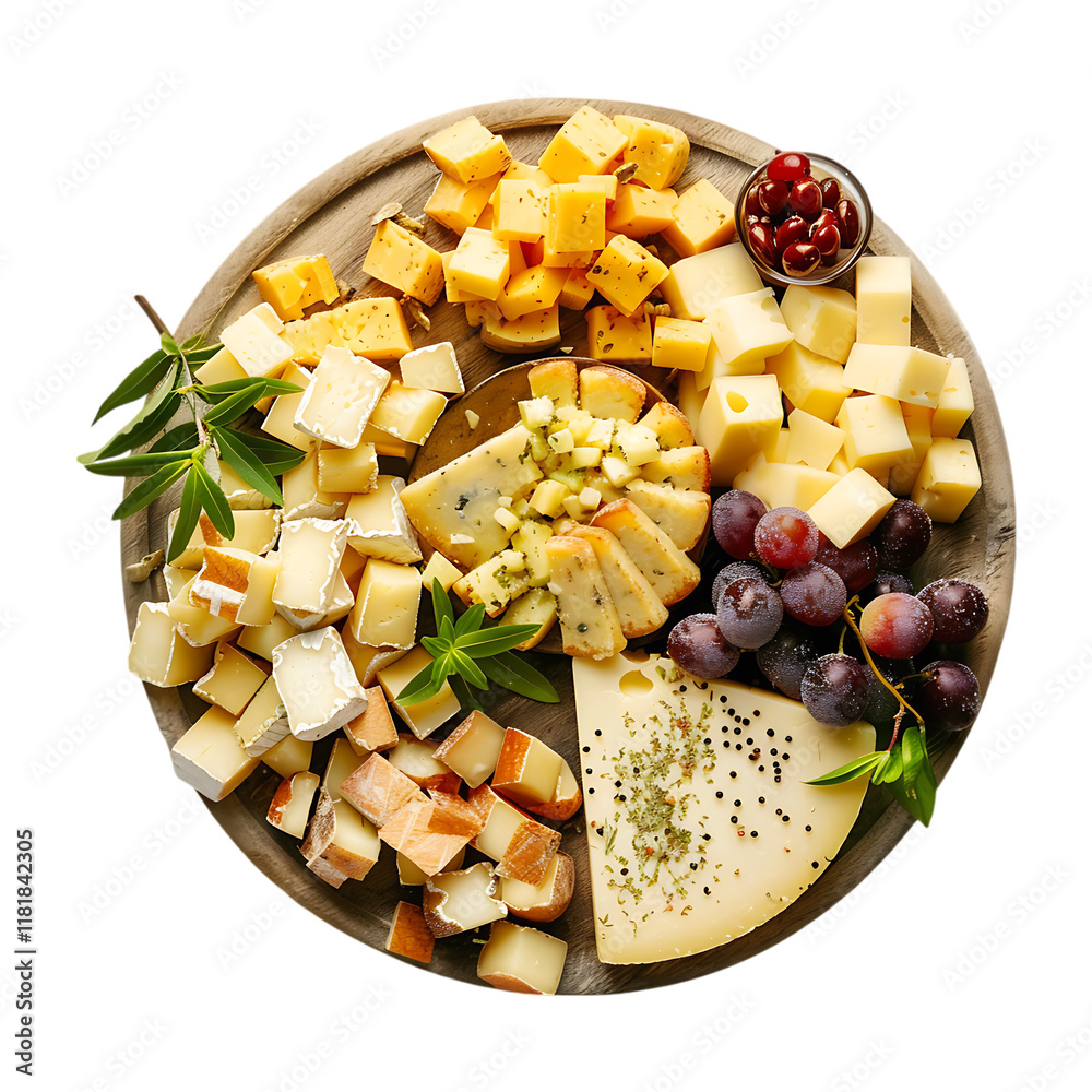 Round wooden cheese board with different types of Italian soft and hard ...