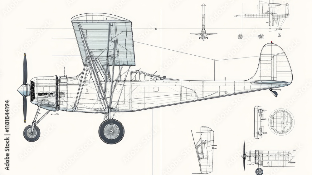 Outline plane aircraft blueprint or airplane design drawing, vector ...