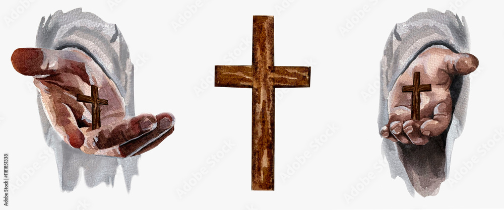 Freehand watercolor set illustrations of the hand of Jesus Christ ...