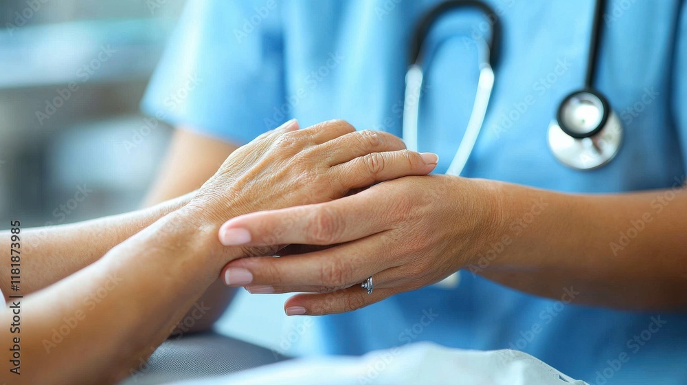 Nurse comforting patient with gentle touch in hospital room emotional ...