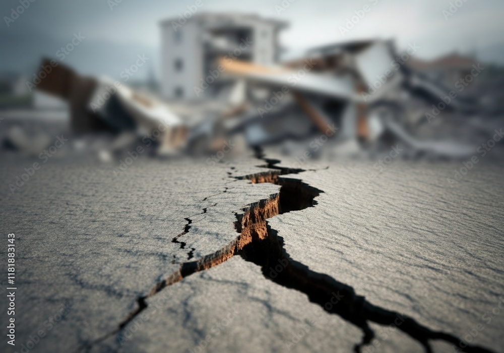 Deep crack splitting the ground near destroyed building after ...