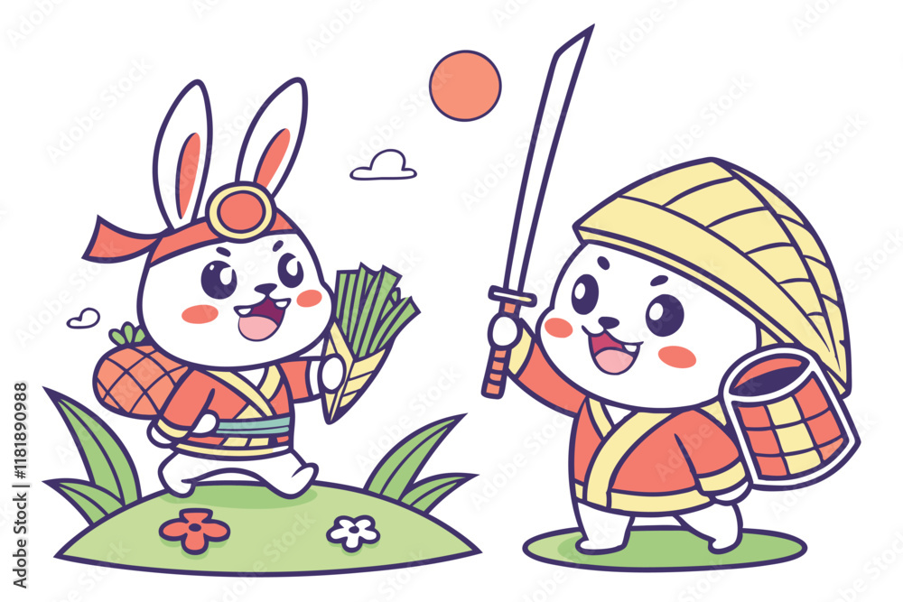 Cartoon Japanese deities, colorful chibi gods, cute Shinto kami ...