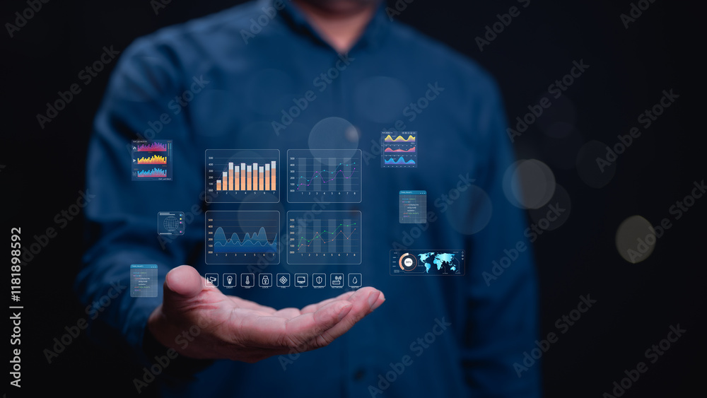 Person holds holographic display of various data graphs and charts ...