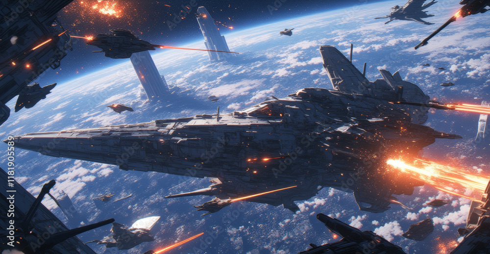 Anime sci-fi environment, a battle scene on a spaceship with laser fire ...