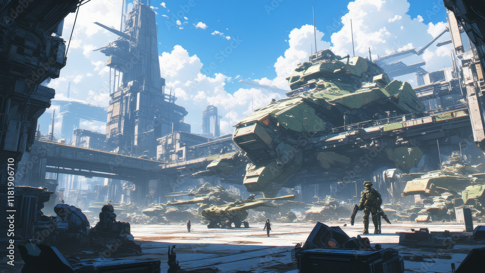 Anime sci-fi environment, a futuristic military base with advanced ...