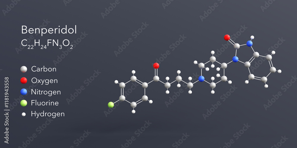 benperidol molecule 3d rendering, flat molecular structure with ...
