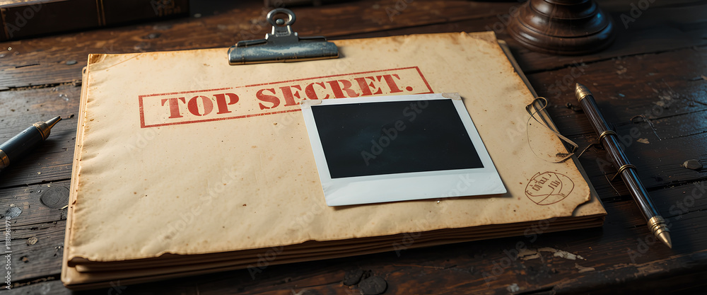 Vintage top secret file on rustic wooden desk with red stamp, black ...