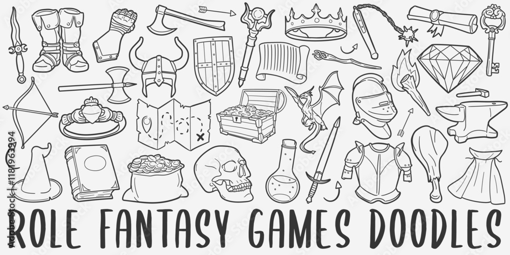 Role Doodle Icons. Hand Made Line Art. Fantasy Clipart Logotype Symbol ...