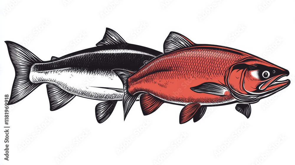 Hunchback salmon fish in color and monochrome versions. Vector version ...