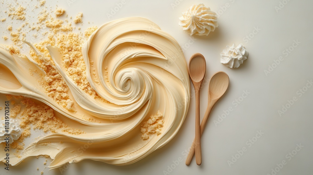 Golden swirls of metallic cream next to wooden utensils, creating a ...