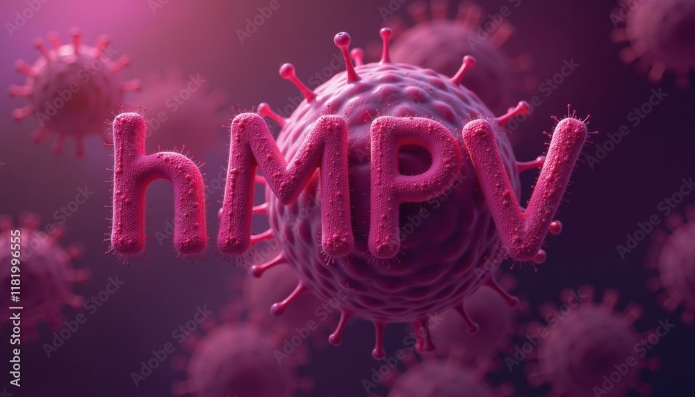 Pink HMPV virus particle close up, human metapneumovirus pathogen with ...