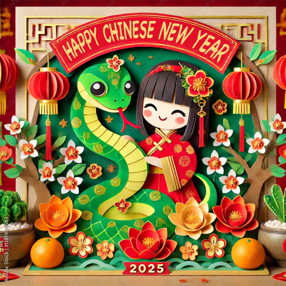 2025 Happy Chinese new year cute girl illustration. meaning to ...