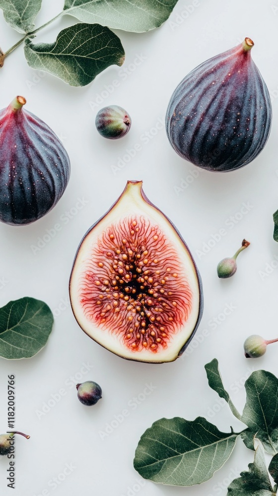 Captivating details of a halved fig reveal its vibrant interior adorned ...