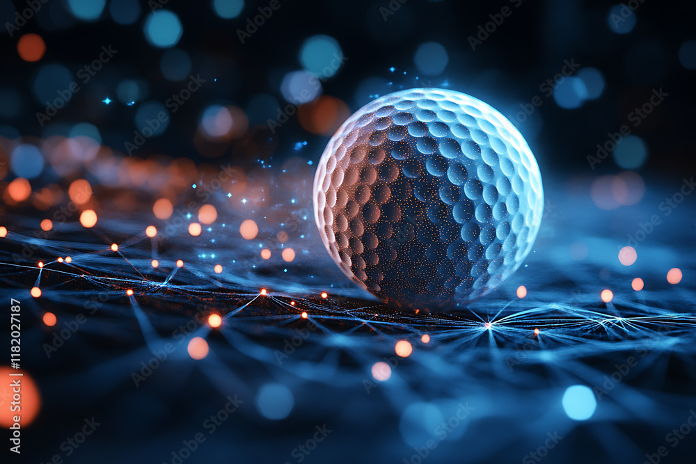 Glowing wireframe a white golf ball with a dimpled surface on a ...