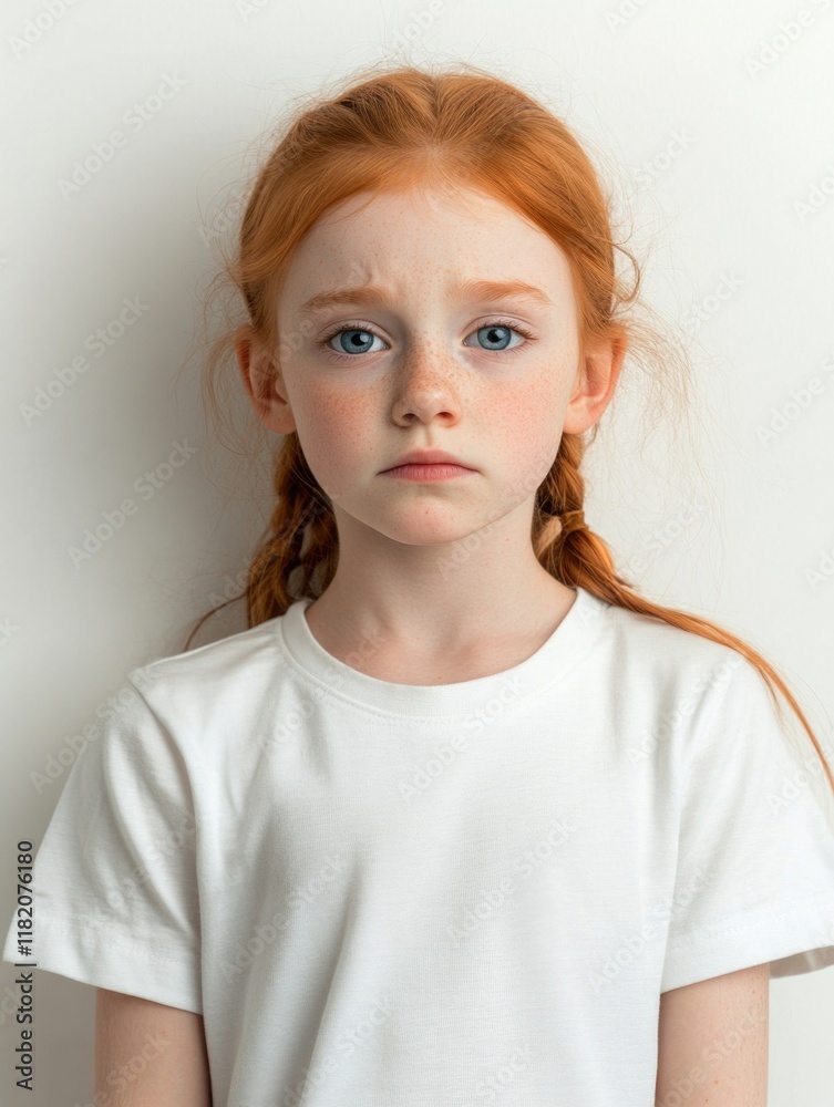 Sad young girl with ginger hair and blue eyes wearing a plain white t ...