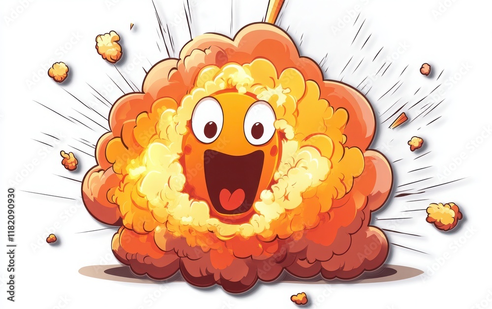 Emoji with a dramatic explosion behind it and cartoon clouds, sticker ...