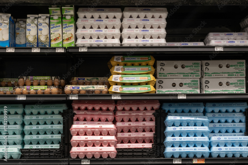 Egg display. Egg prices have gone up due to inflation and widespread ...