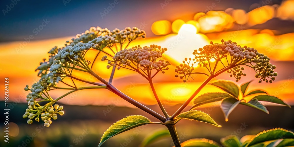 Silueta de preciosos capullos de flor de saúco en una rama al atardecer ...
