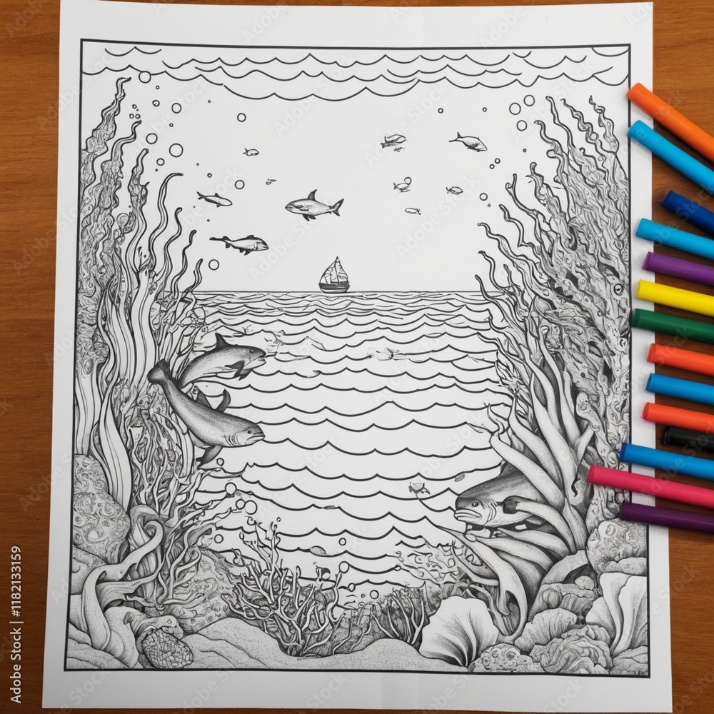 ocean theme coloring page for kids. you can print it on standard 8.5x11 ...