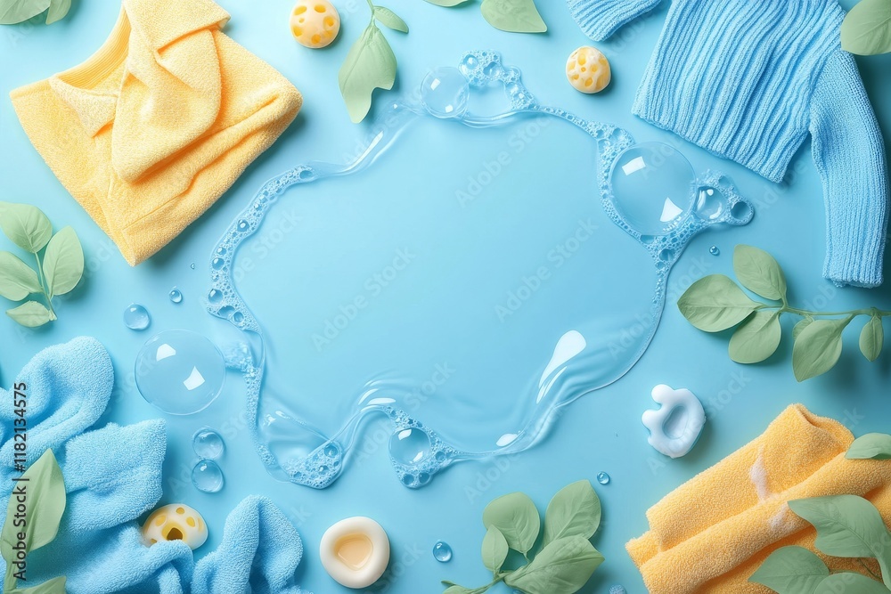 Wet clothes, laundry and soap water for laundromat business, housework ...