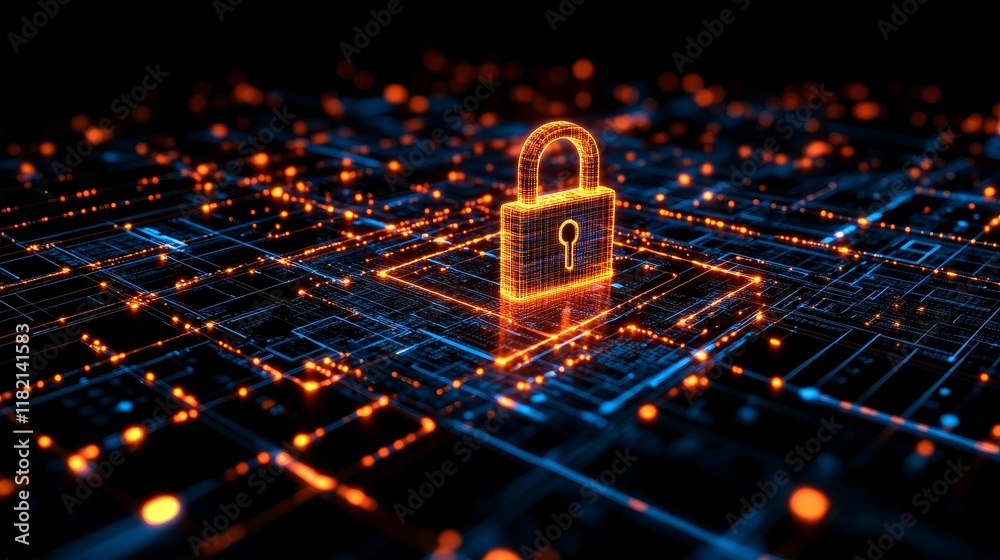 Cybersecurity, hologram shield and lock on network with lines ...