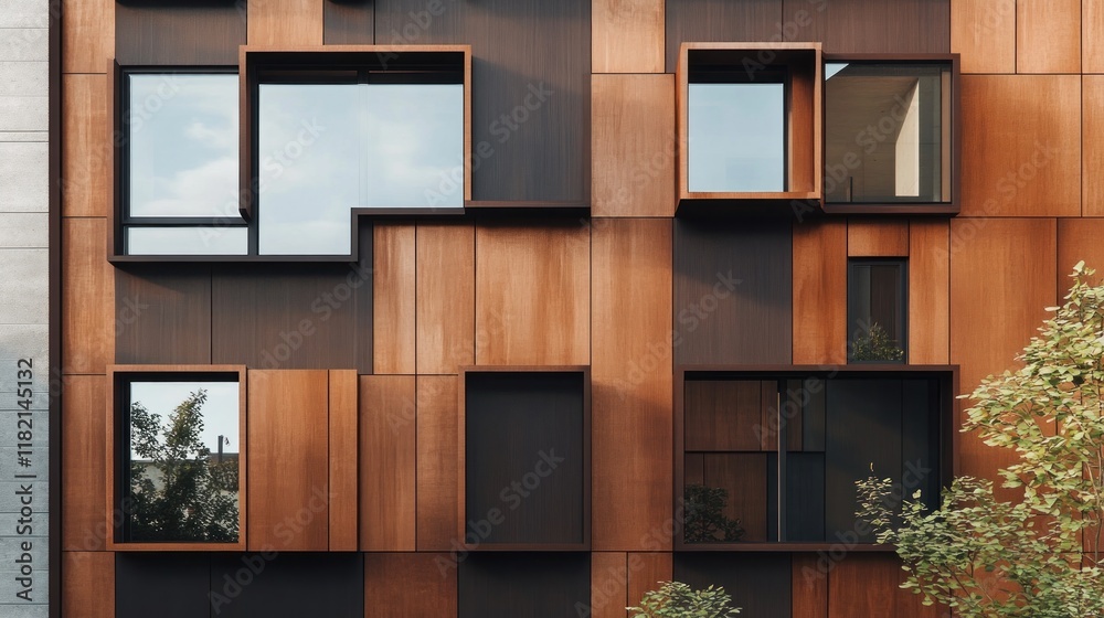 Modern building facade with wood and metal panels, featuring ...