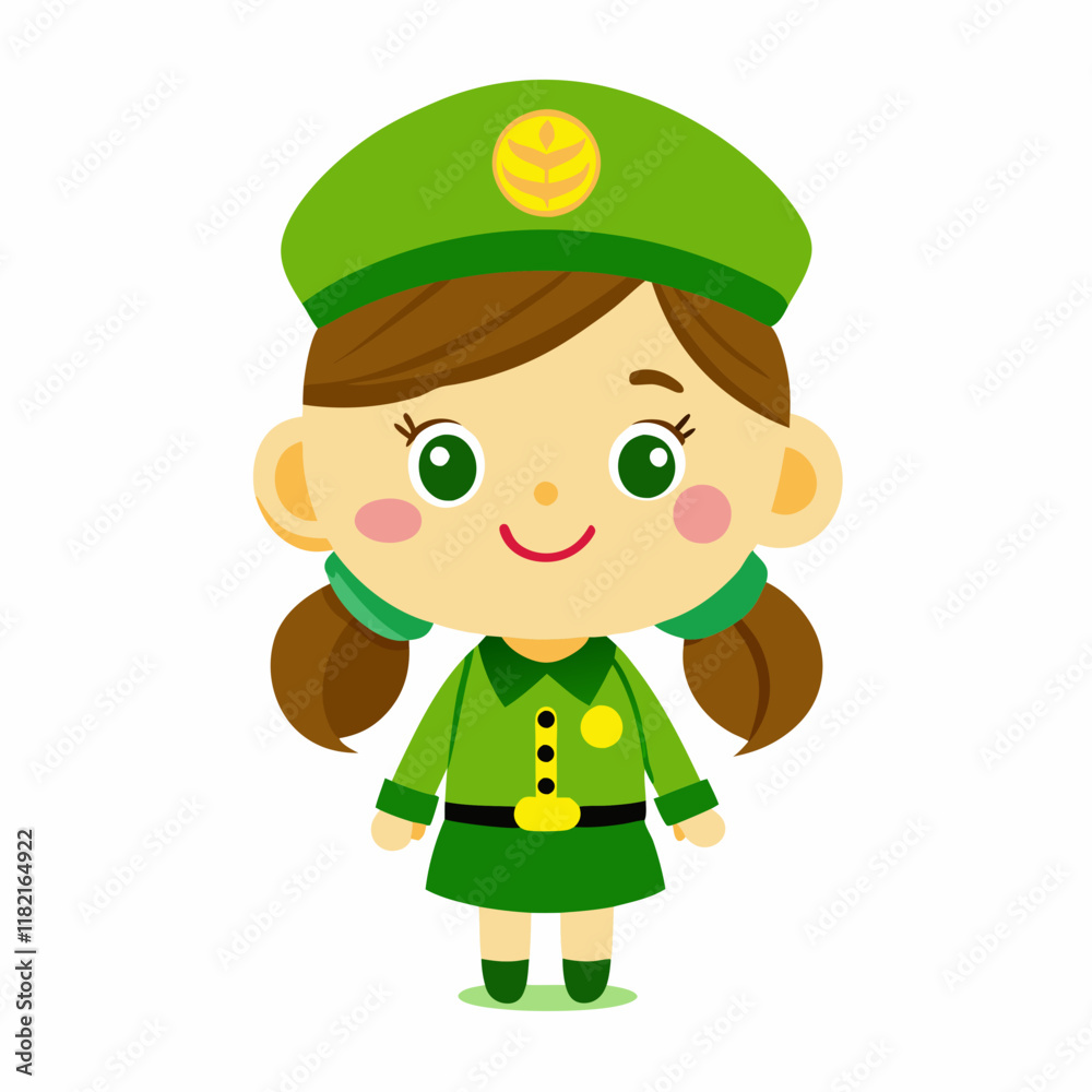 Cute Cartoon Girl Scout in Green Uniform with Green Beret – Adorable ...