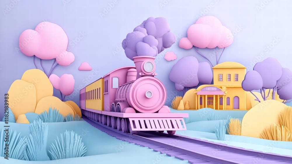 Artistic Train Journey Blush Locomotive in a Whimsical Landscape Paper ...