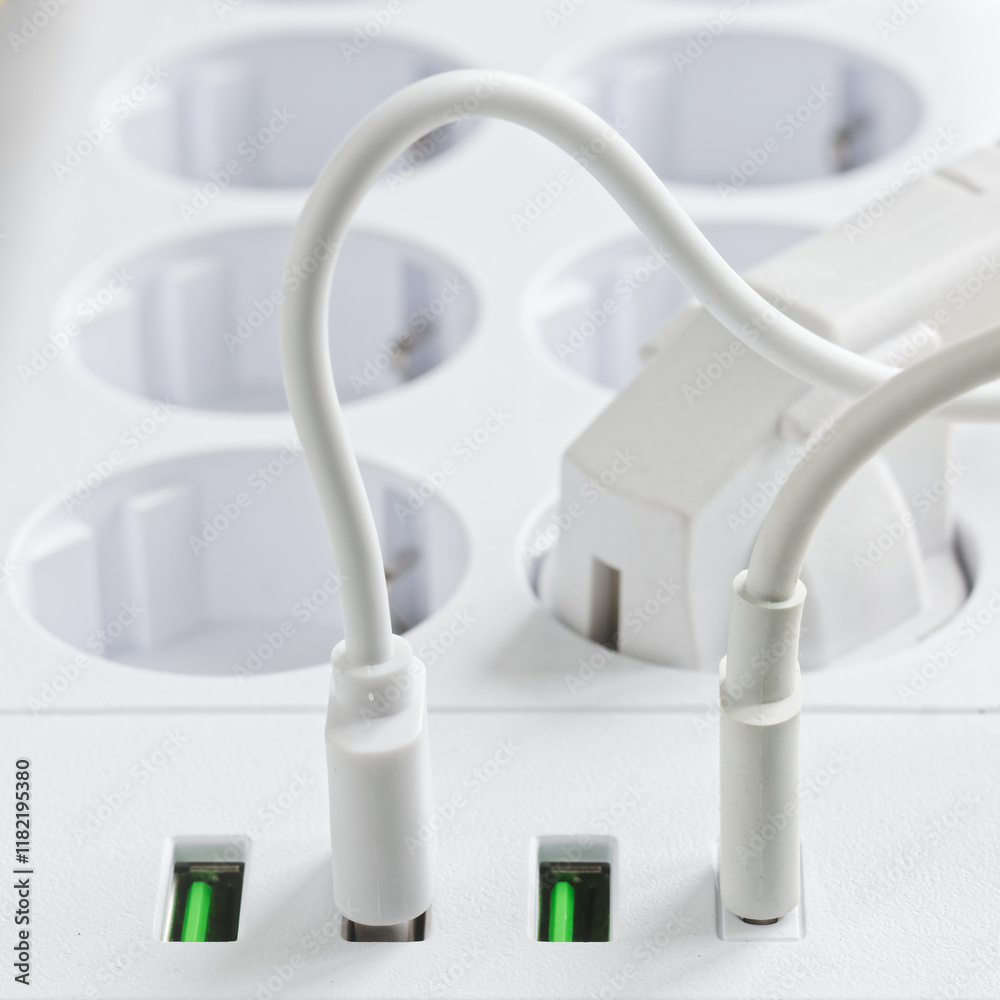 White electrical outlets and USB ports with plugged connectors on an ...