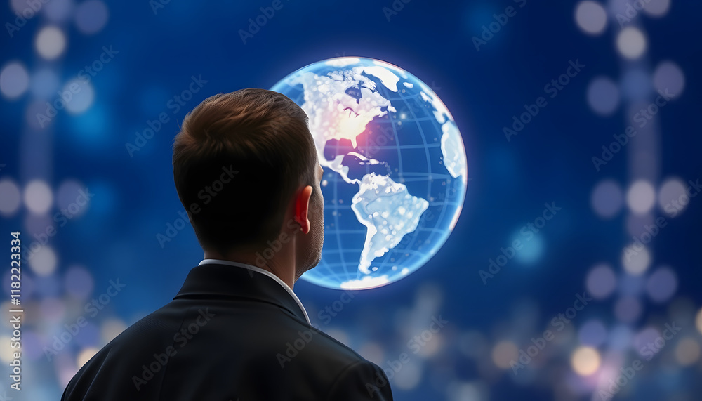 Back view of thoughtful businness man looking at glowing globe hologram ...