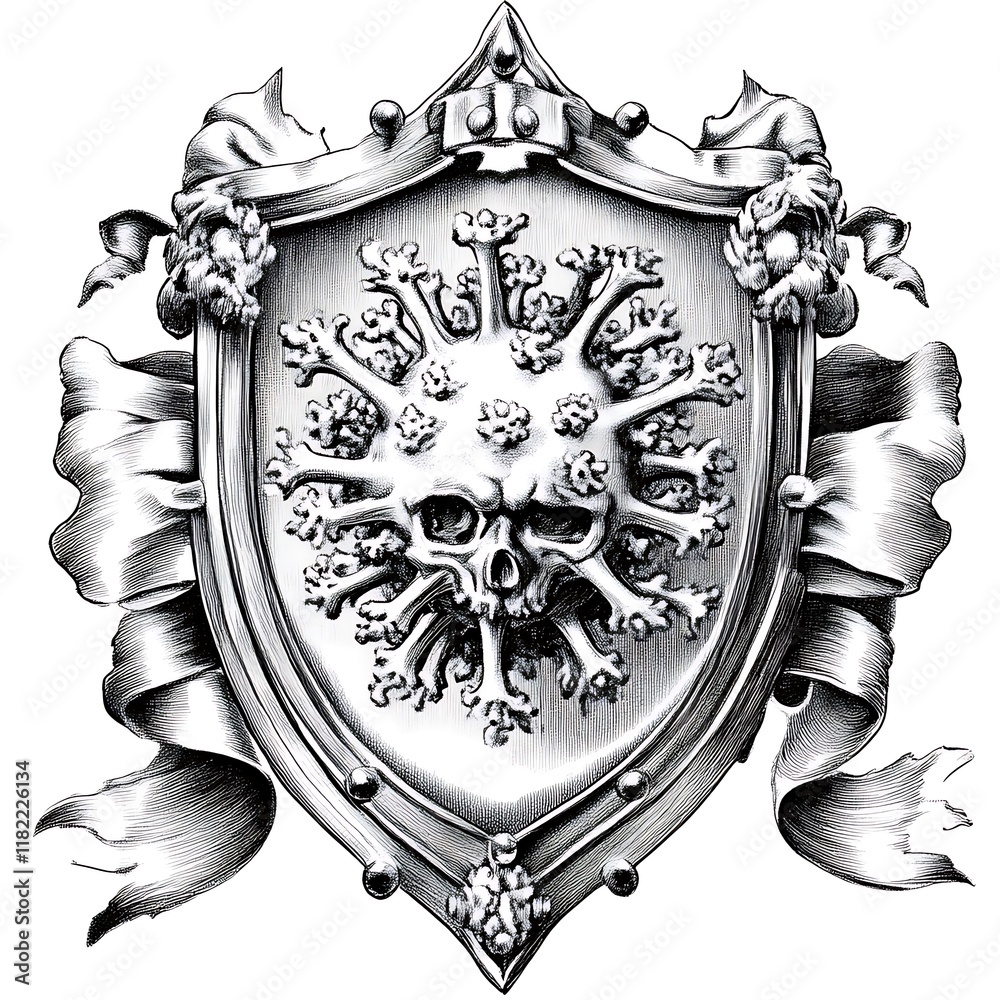 Skull and Virus Emblem: A Darkly Detailed Heraldic Illustration Stock ...