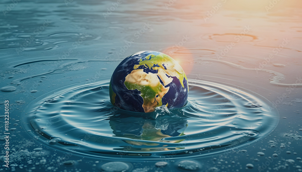 Water, planet and climate change with the earth in a puddle as a symbol ...