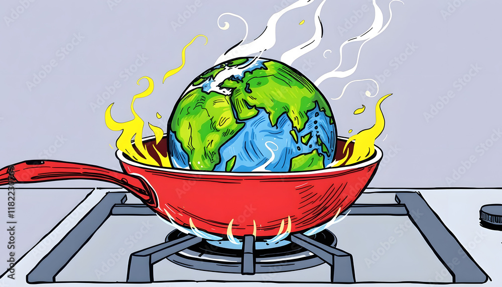 The planet Earth is cooking in the pan on a gas stove, doodle art, with ...