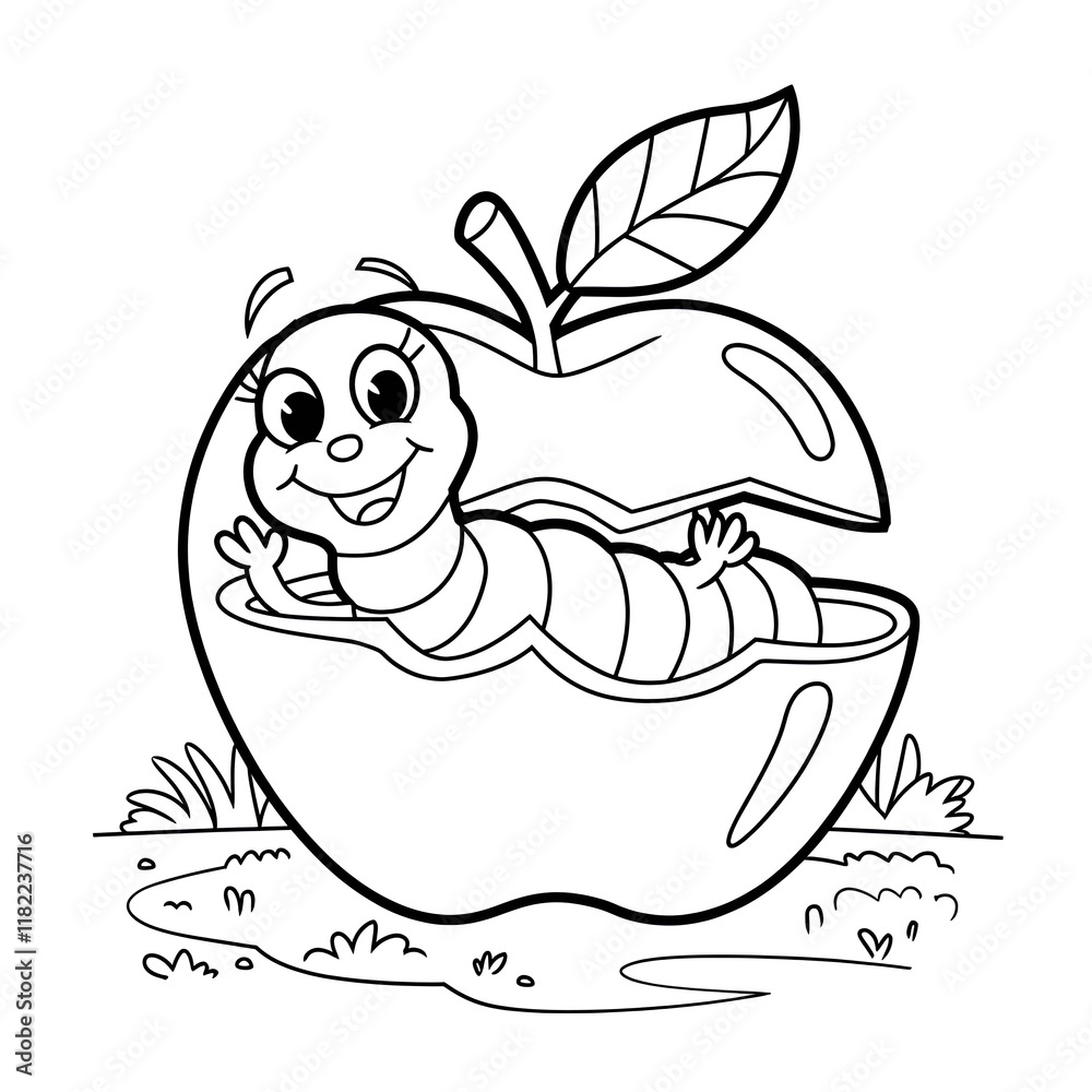 Outline worm in apple coloring page for kids, fun cartoon design ...